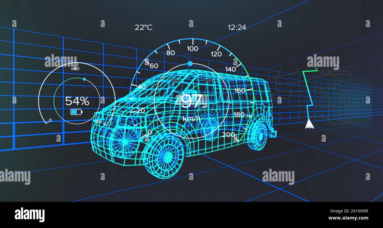 Image of data processing over digital van on black background Stock ...