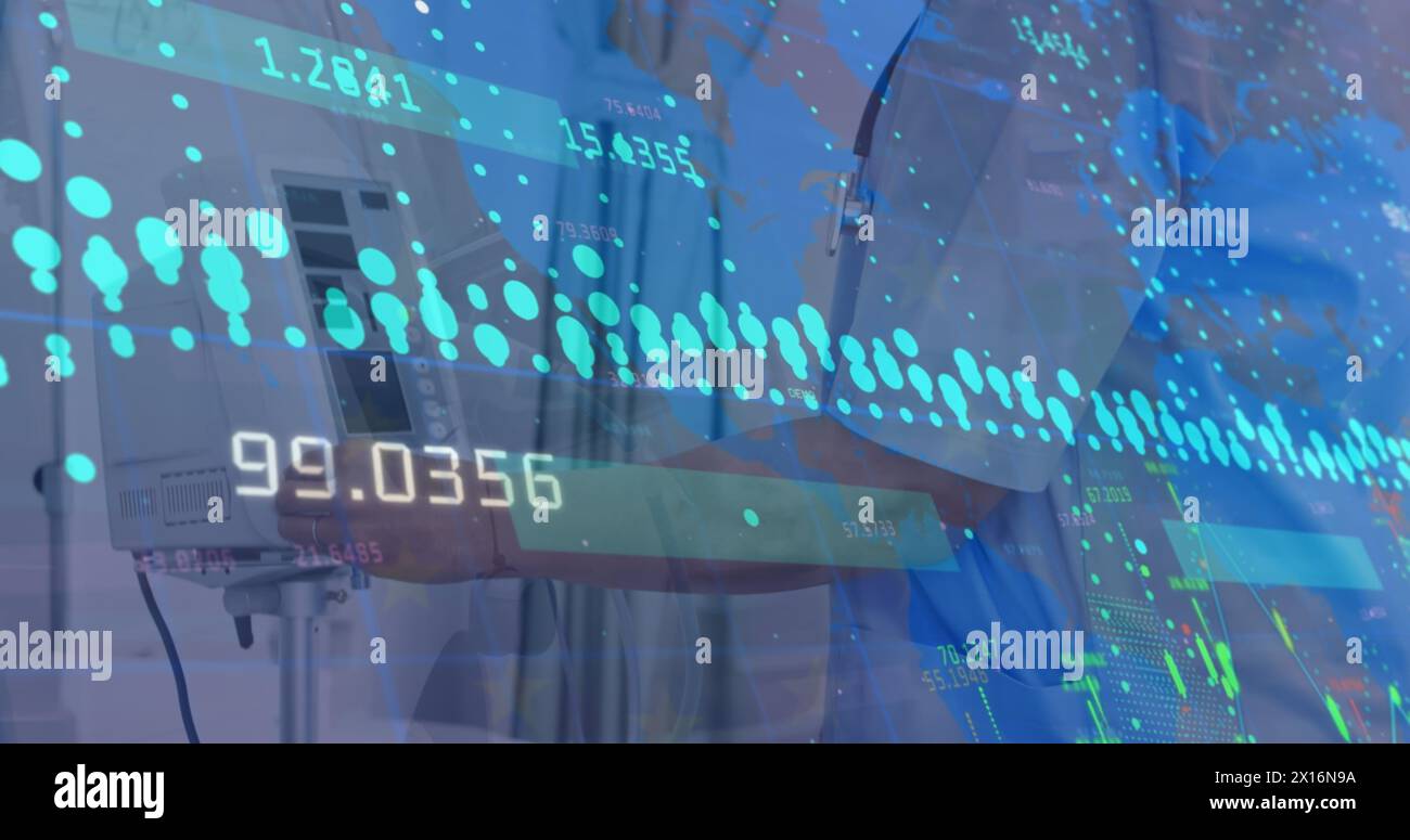 Image of data processing over mid section of health worker checking ...