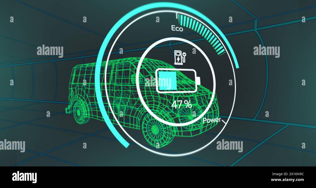 Image of speedometer over 3d model of a van moving against blue ...