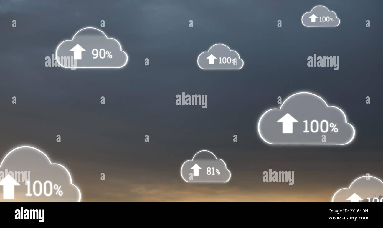 Image of clouds with electronic devices over landscape Stock Photo - Alamy