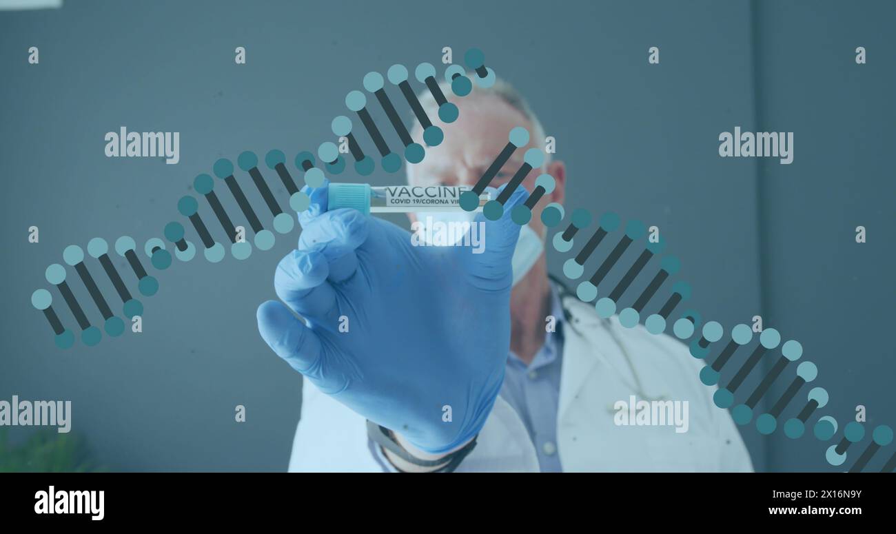 Image of dna strands over caucasian male doctor wearing face mask ...