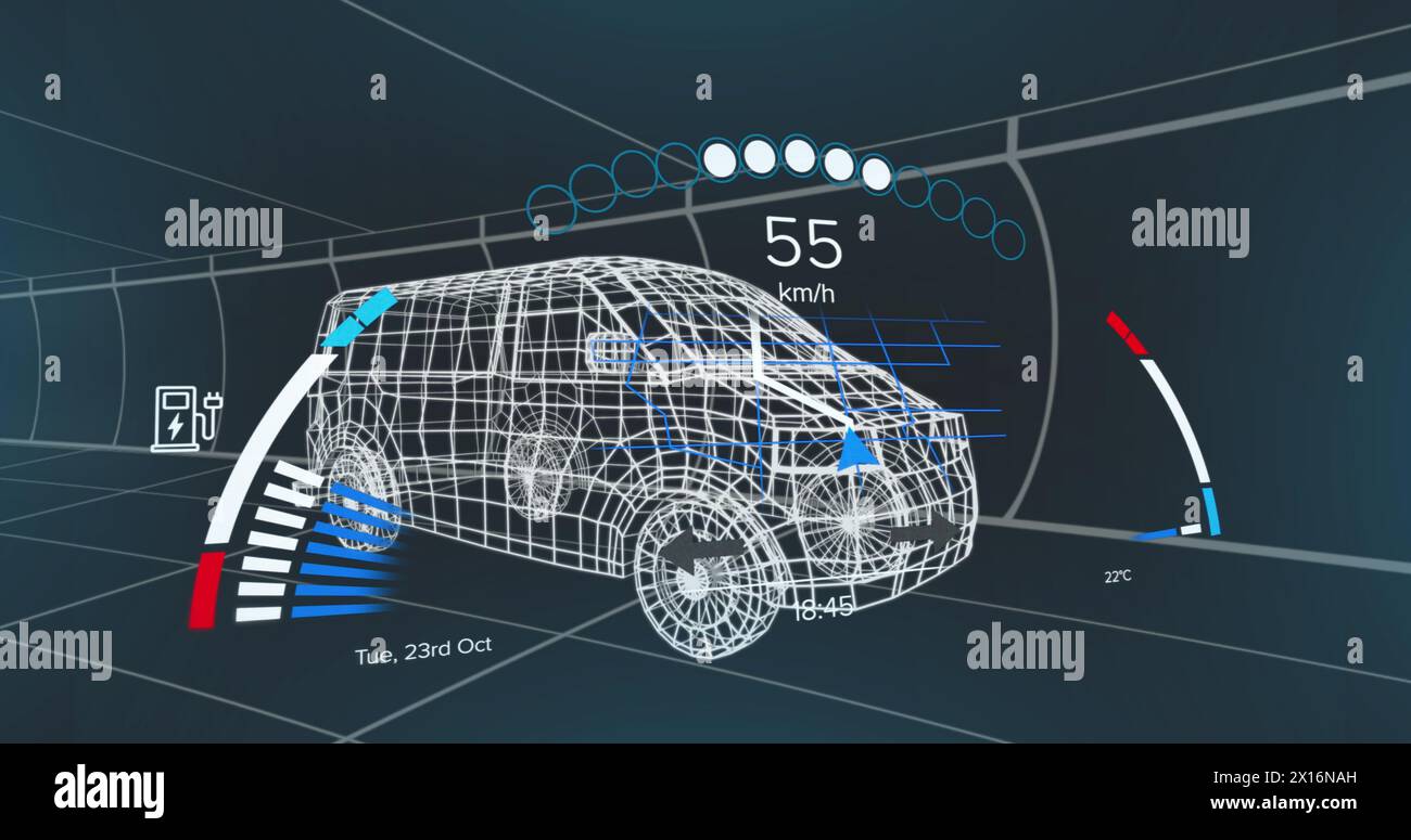Image of speedometer over 3d model of a van moving against blue ...