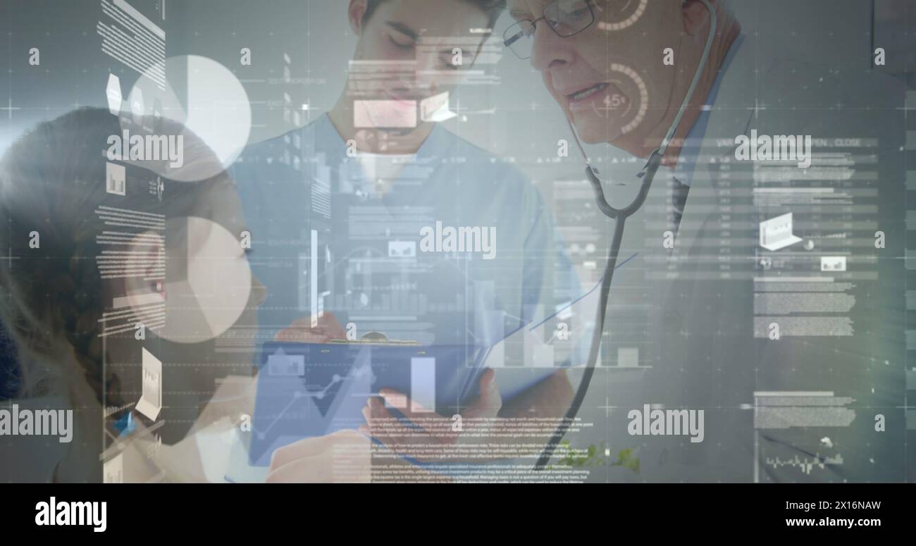 Image Of Data Processing Over Caucasian Male Doctor Examining Caucasian Girl At Hospital Stock