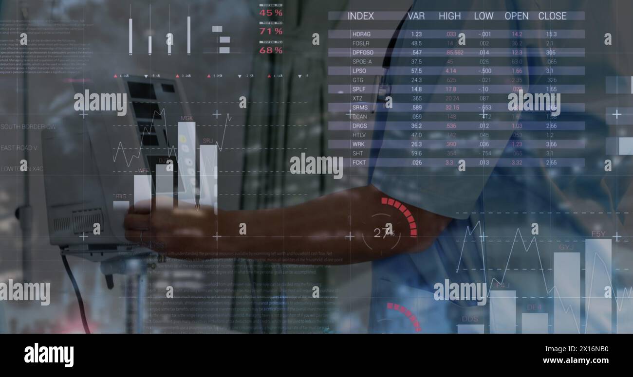 Image of data processing over mid section of health worker checking ...
