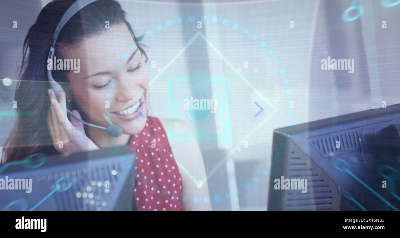 Image of 5g text and data processing over caucasian woman talking on ...