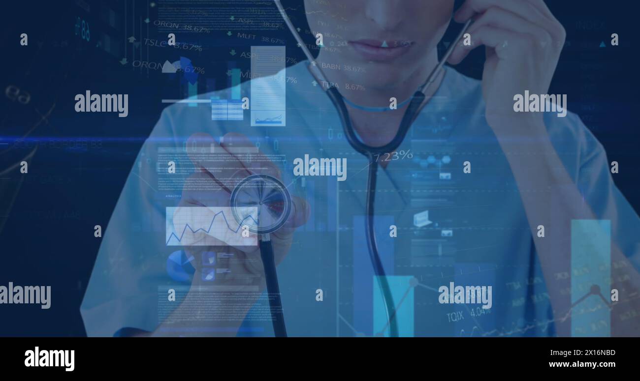 Image of data processing over mid section of female caucasian doctor ...