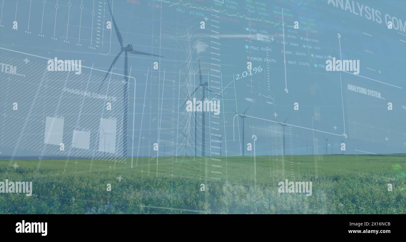 Image of financial data processing over wind turbines Stock Photo - Alamy