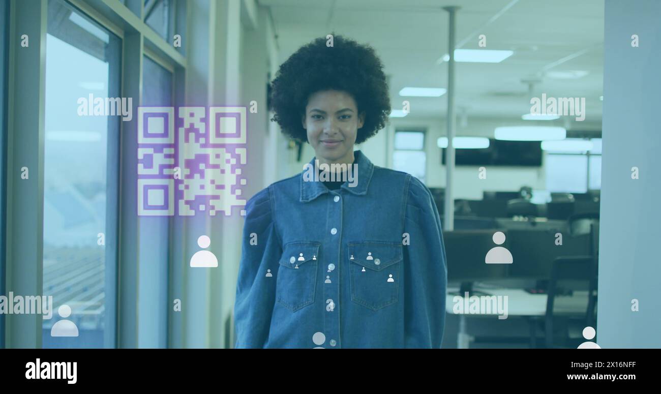 Image of gr code and icons over biracial woman smiling in office Stock ...