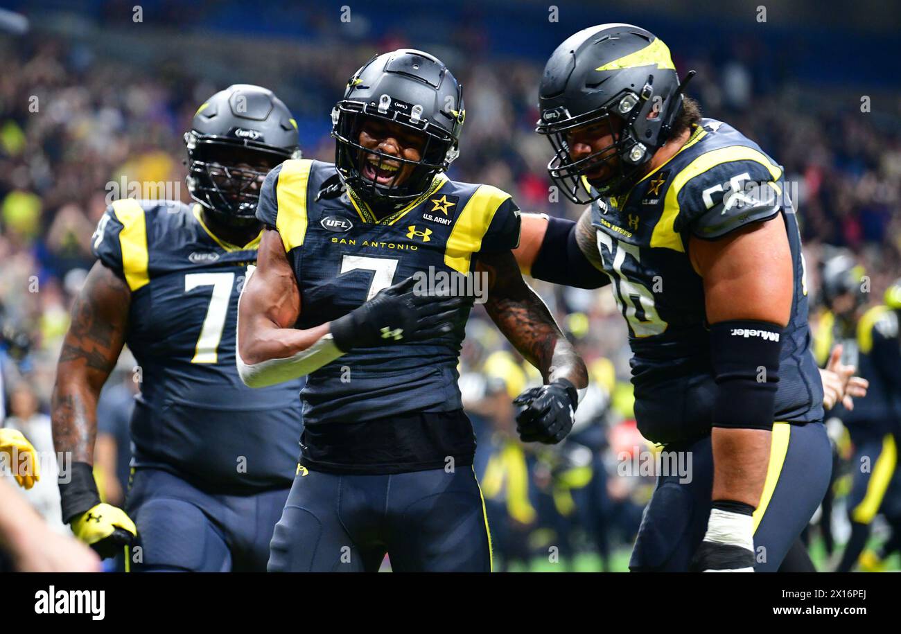 San Antonio, Texas, USA. 14th Apr, 2024. SA Brahmas #7 RB John Lovett ...