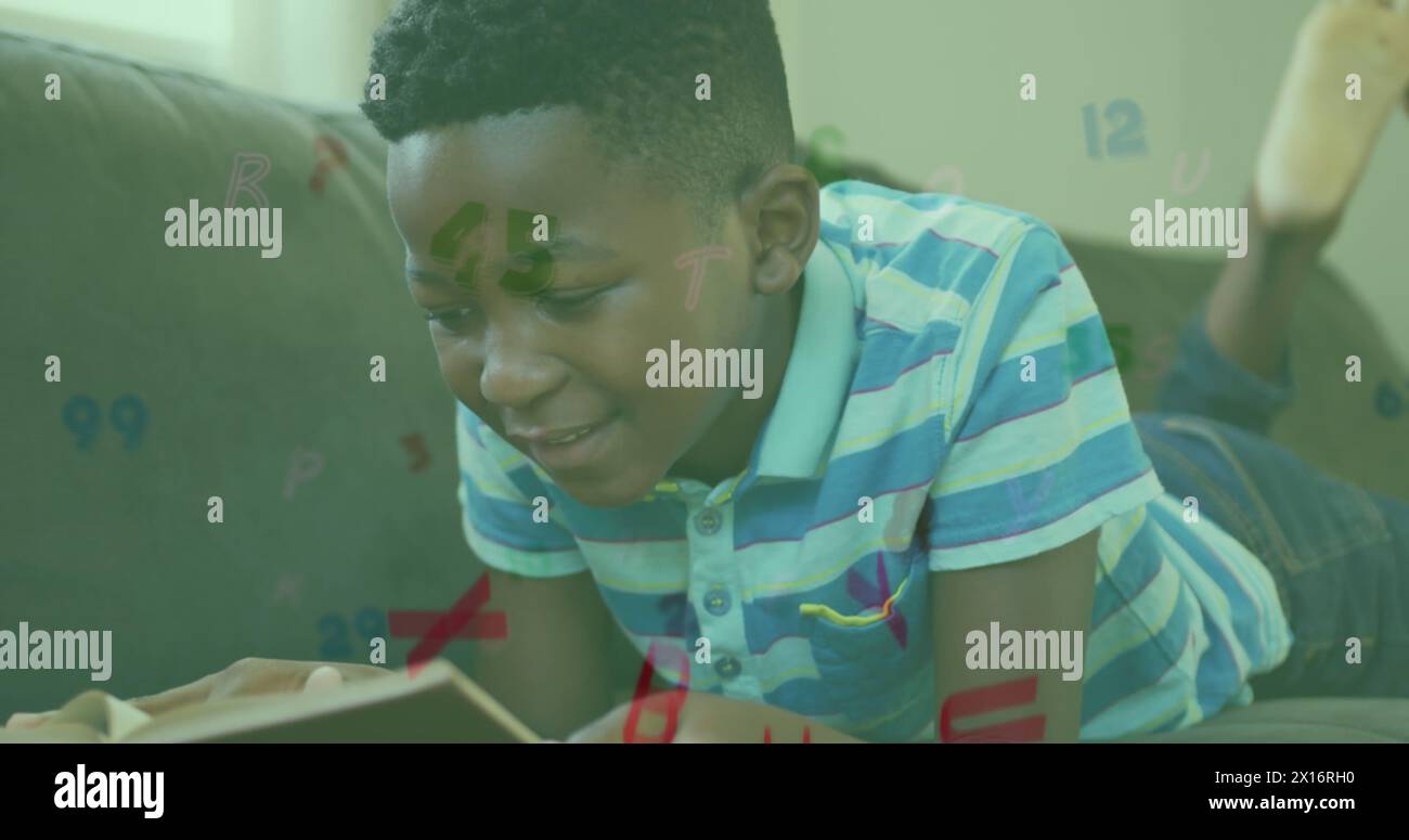 Image of letters and numbers over african american boy reading Stock ...