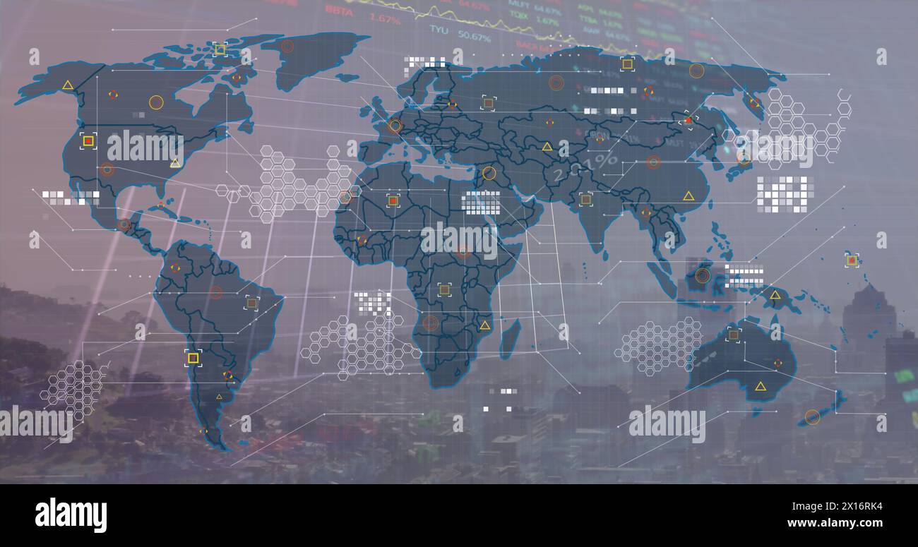 Image of financial data processing and world map over cityscape Stock Photo - Alamy