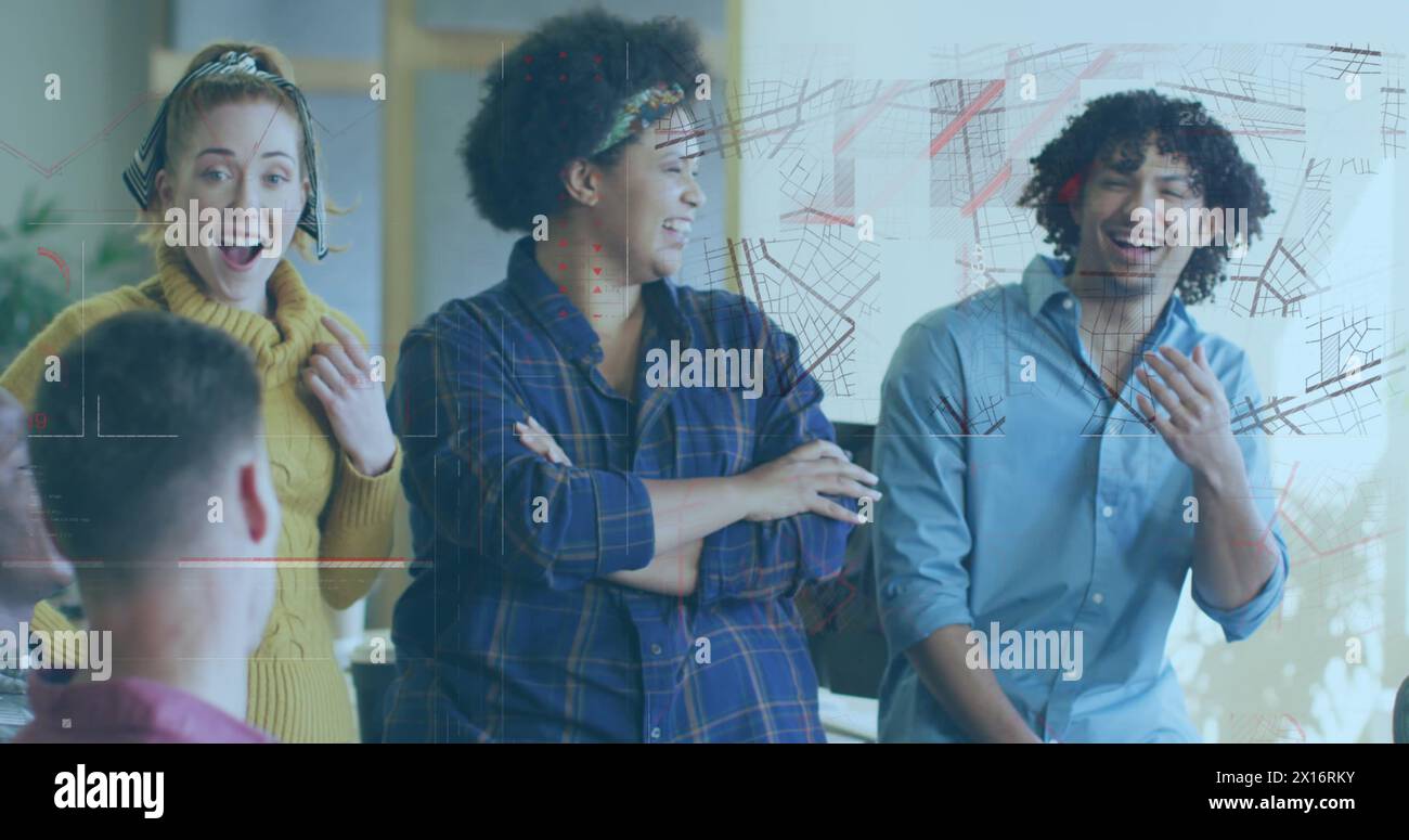 Image Of Data Processing Over Diverse Group Of Colleagues Laughing Together At Office Stock