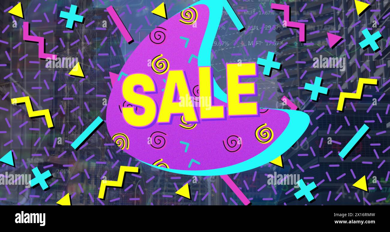 Image of massive sale and falling icons and shapes over dark background ...