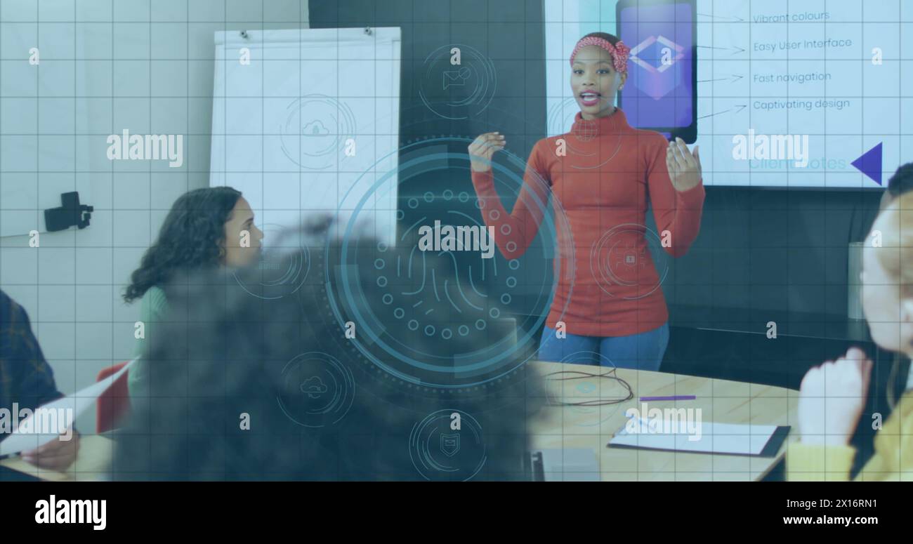 Image of cyber security data processing over african american woman giving a presentation Stock ...