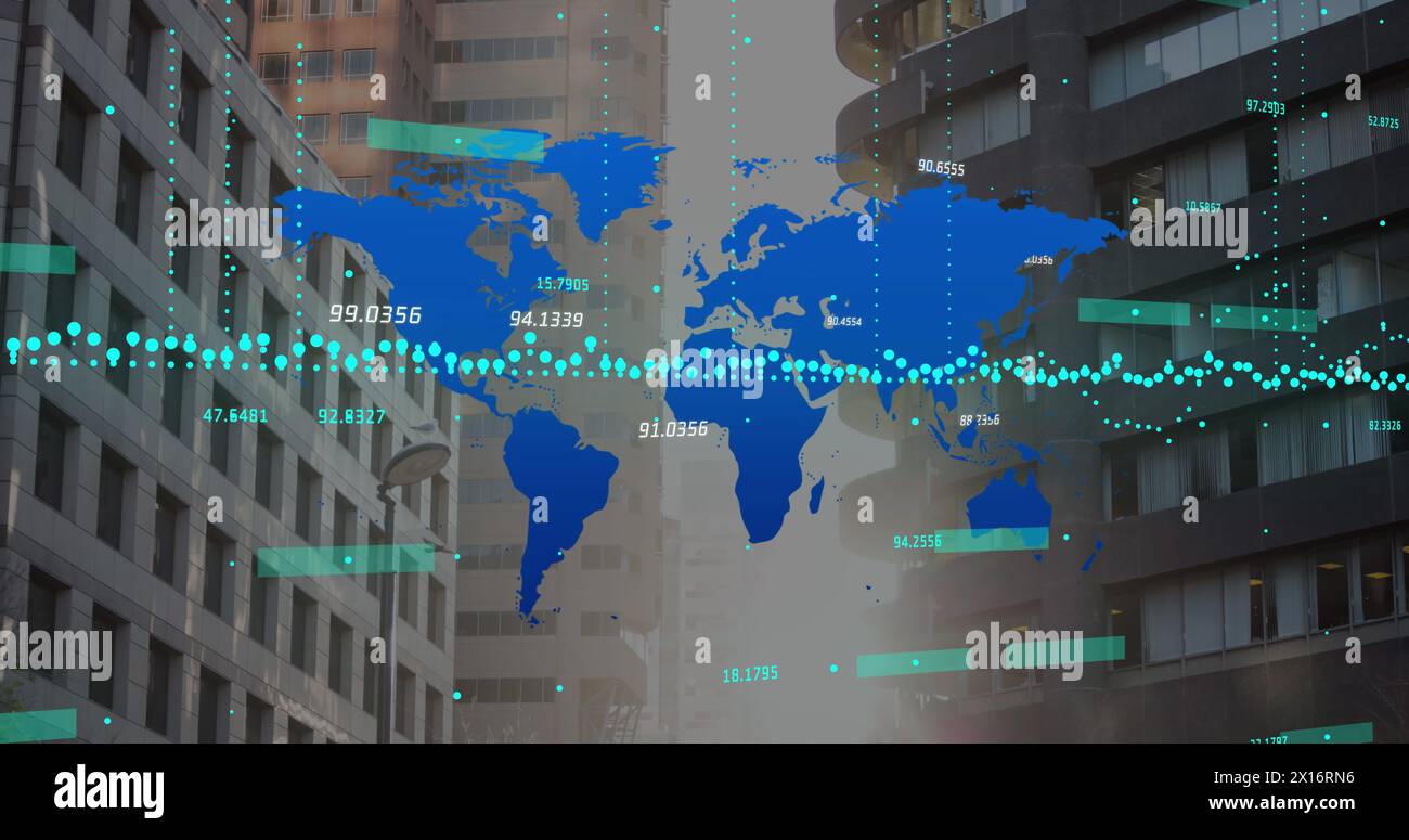 Image of stock market data processing over world map against tall ...