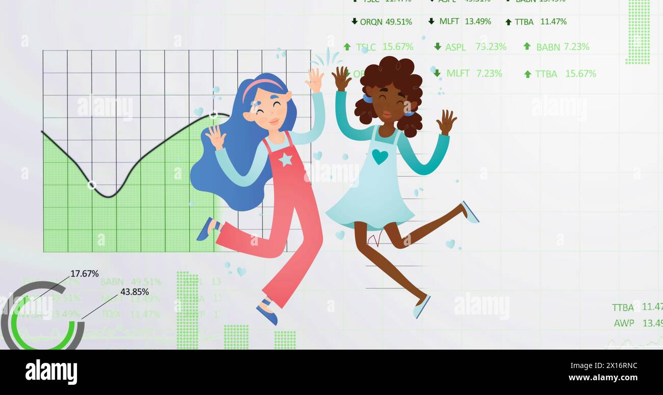 Image of multiracial girls dancing over multiple graphs, trading board ...
