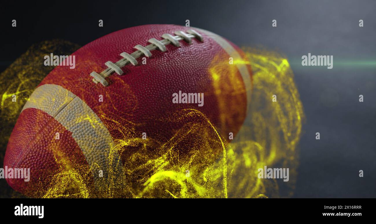 Image of moving lens flare and abstract pattern over rugby ball on gray ...