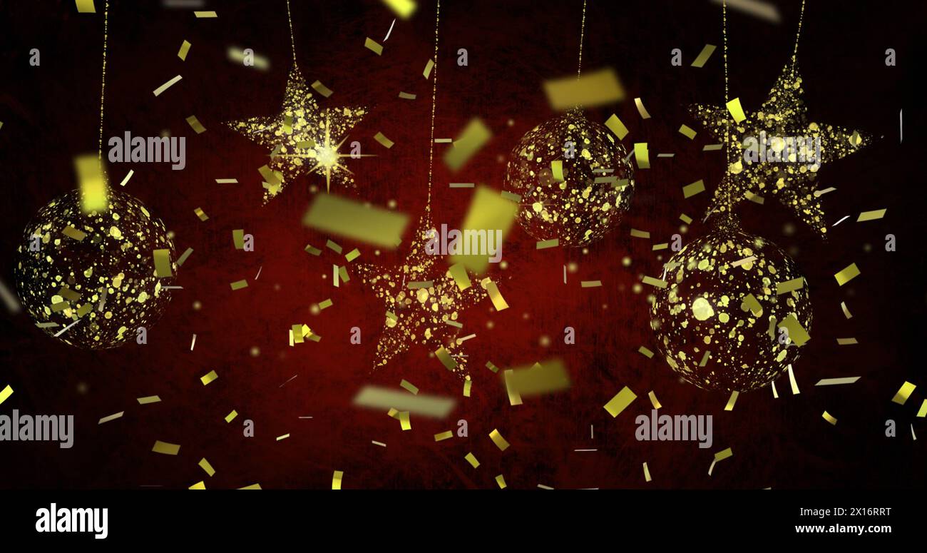 Image of confetti falling over golden stars and baubles on red ...