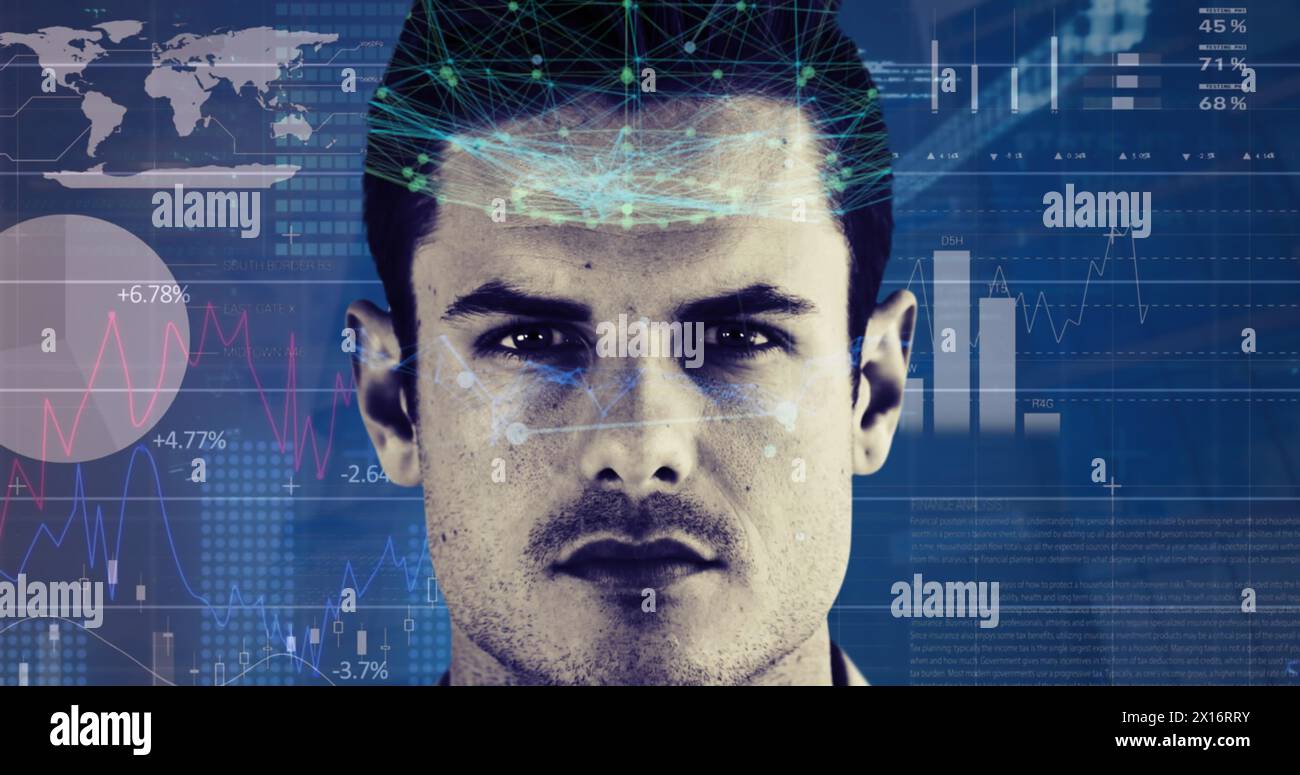 Image of connected dots and infographic interface over portrait of ...