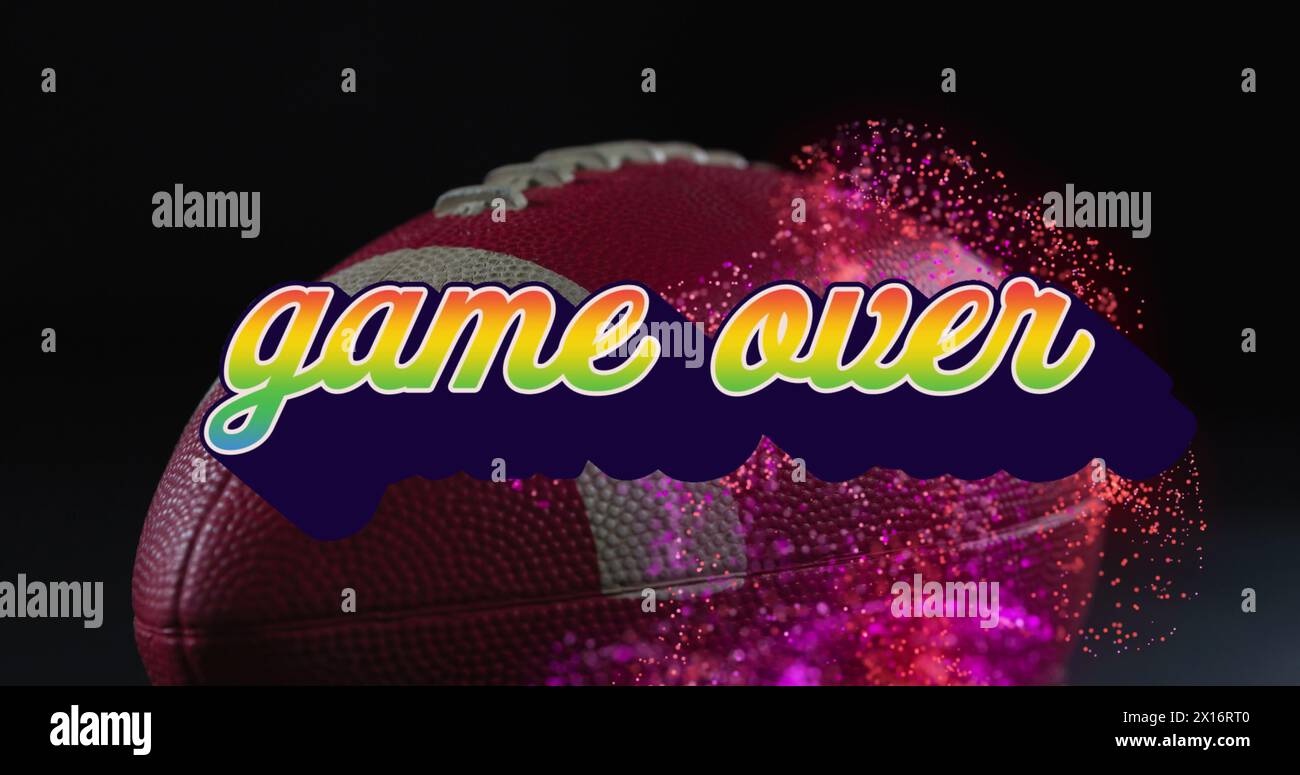 Image of game over and abstract pattern over rugby ball against black ...