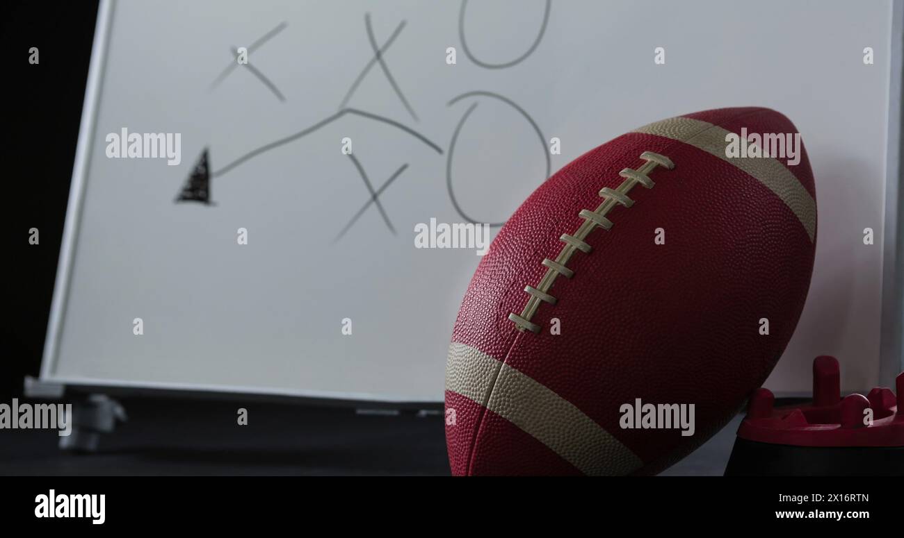 Image of lens flare, abstract pattern over rugby ball, water sipper and ...