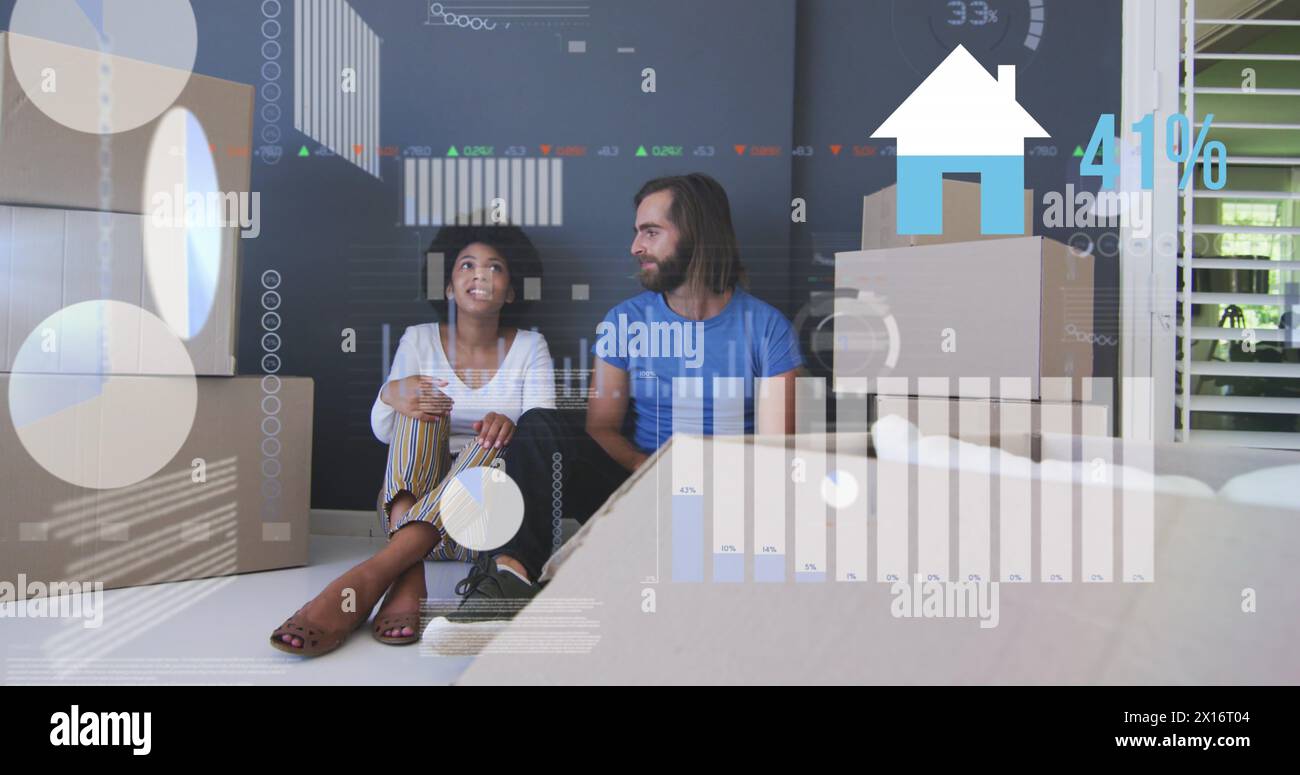 Image of data processing over diverse couple moving house Stock Photo ...