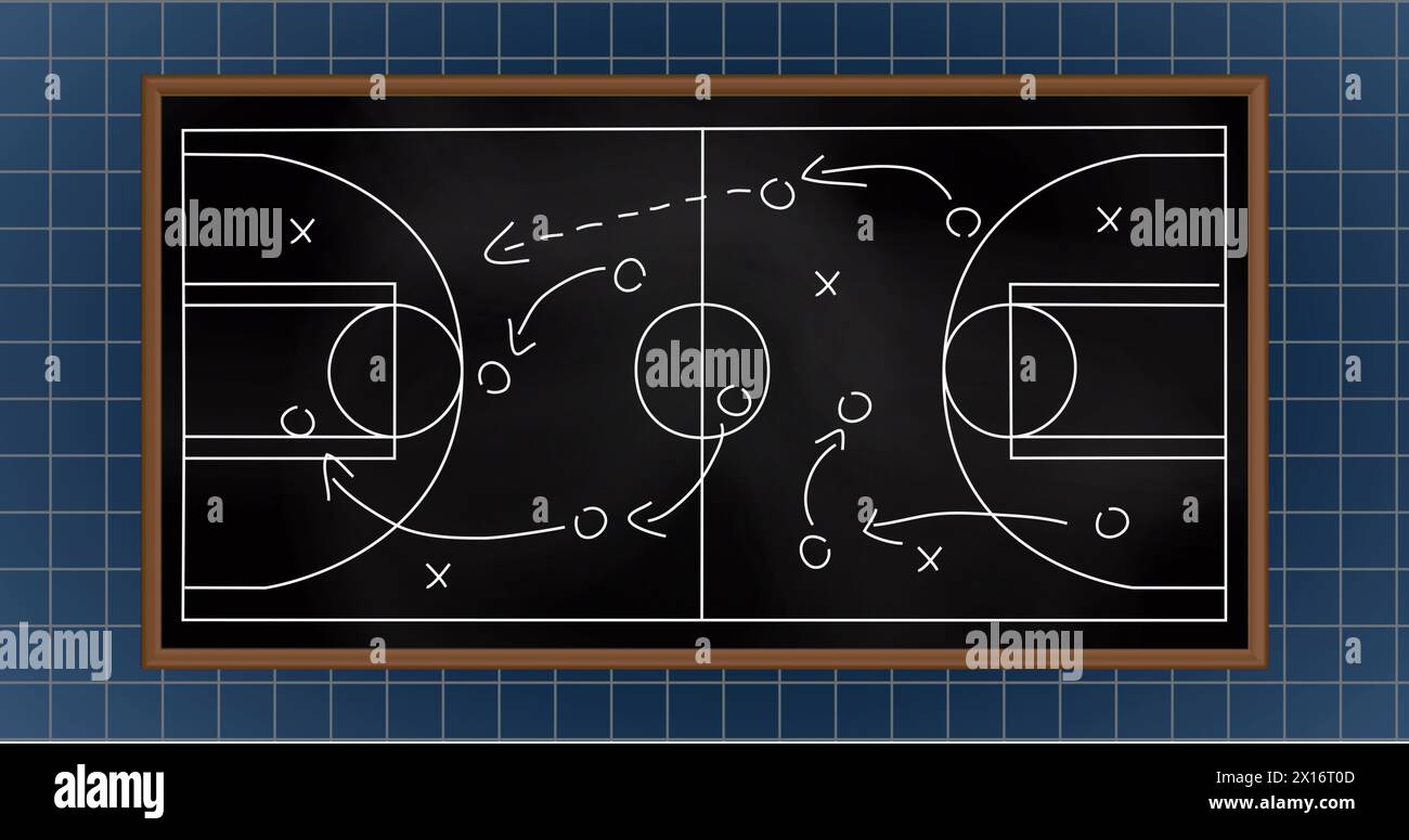 Image of game plan on black board over blue background Stock Photo - Alamy