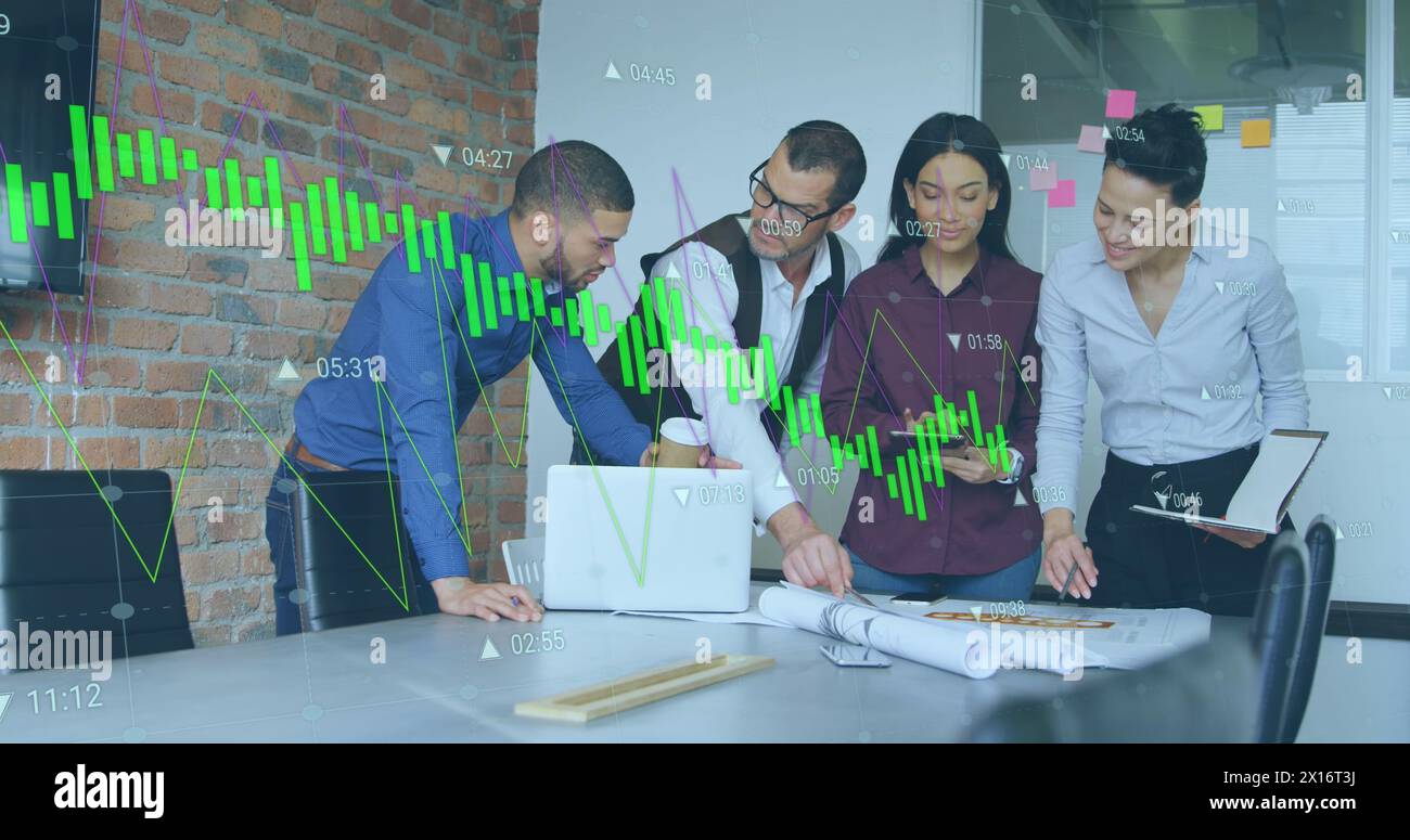 Image of financial data processing over diverse business people Stock ...