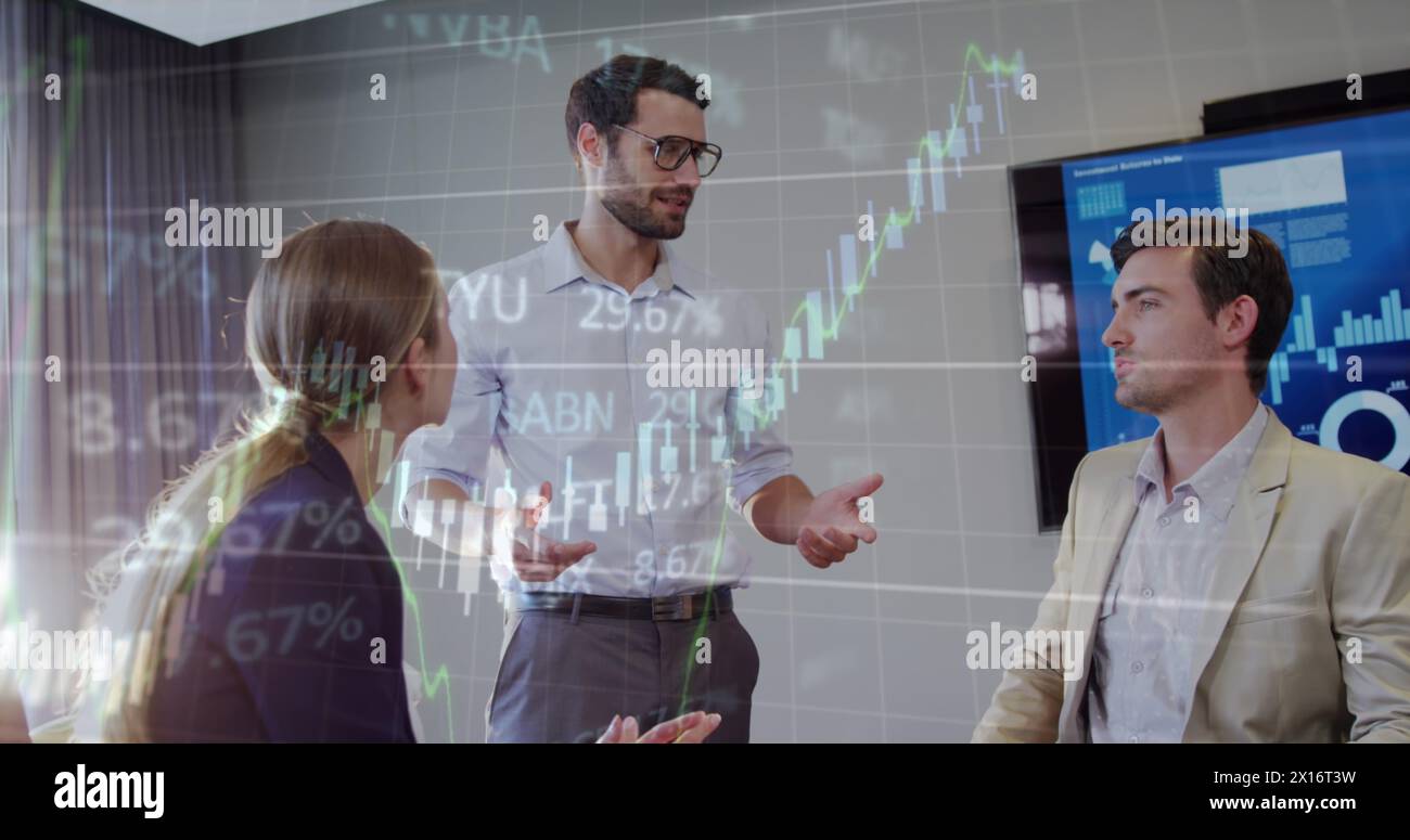 Image of financial data processing over diverse business people at ...
