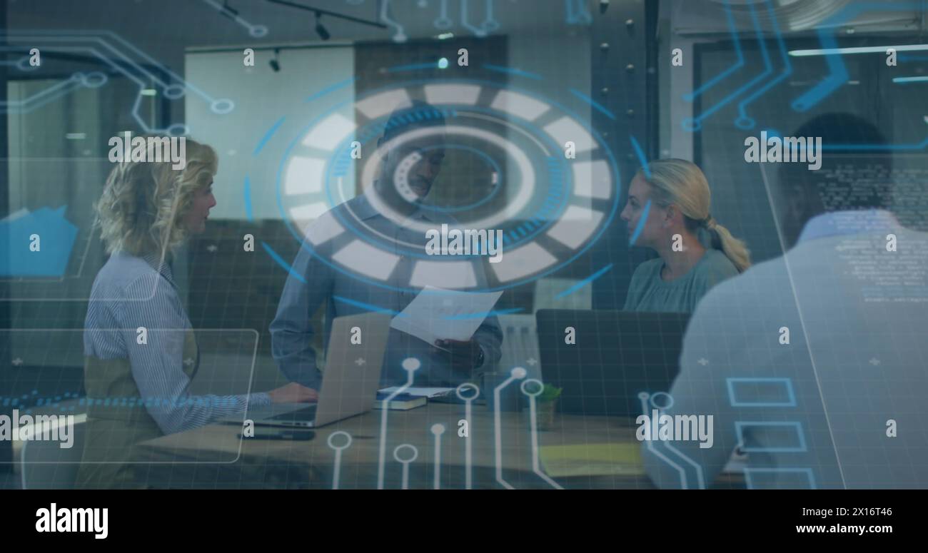 Image of interface with data processing over diverse colleagues ...