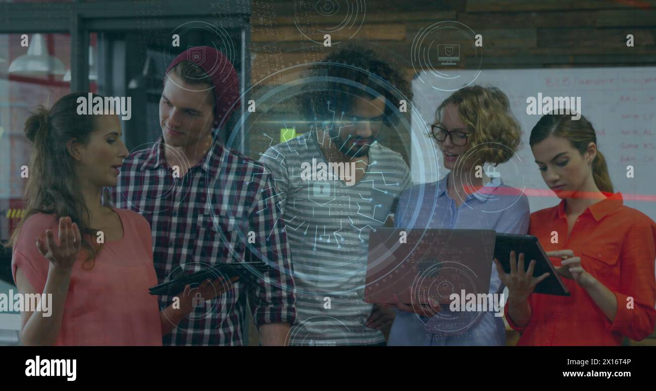 Image of scope with data processing over business people in office ...