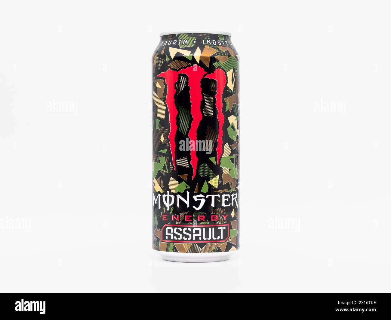Monster Energy Assault beverage. The can has a camouflage pattern ...