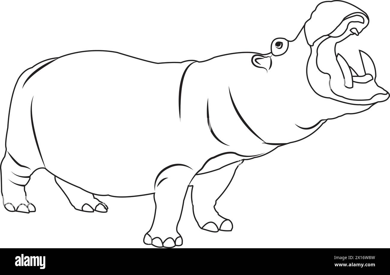 Black and white vector line art cartoon hippo hi-res stock photography ...