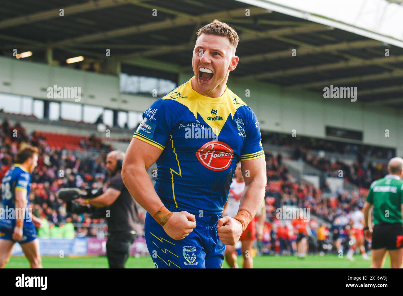 George Williams of Warrington Wolves celebrates try against St Helens ...