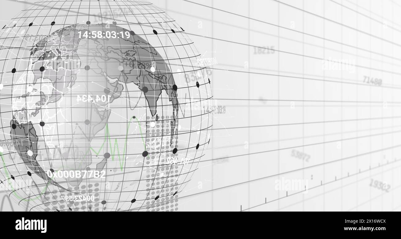 Image of changing numbers and spinning globe over grid network against ...