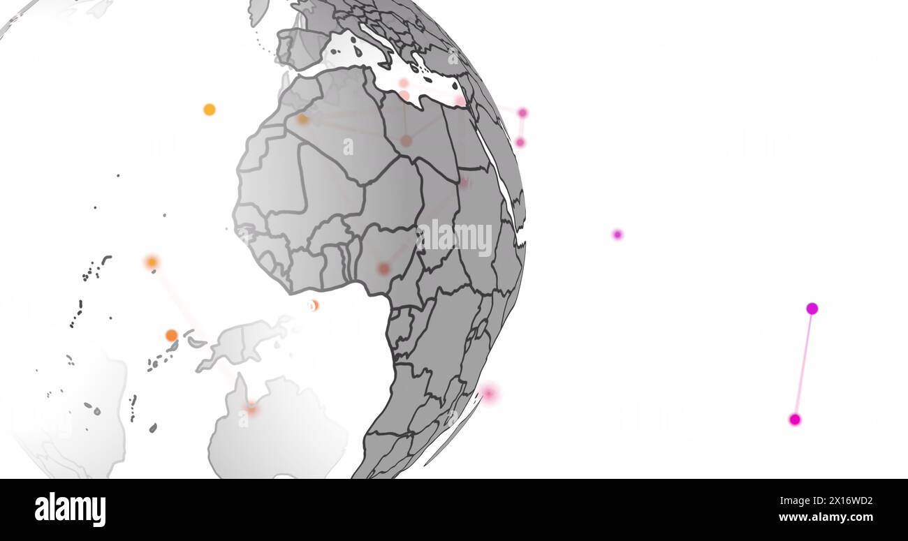Image of network of connections over spinning globe against white ...