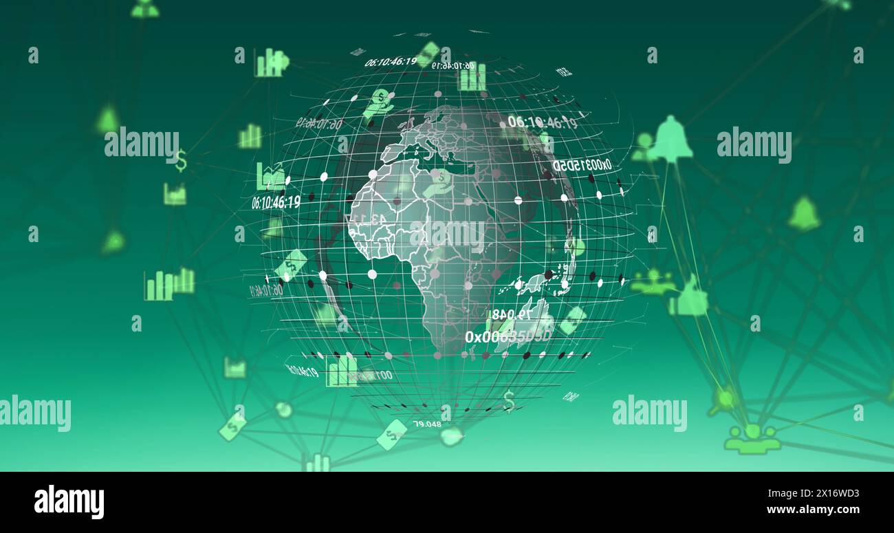 Image of network of digital icons over spinning globe against green ...