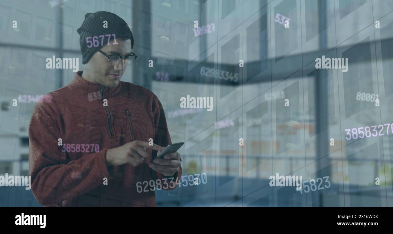 Image of statistics and financial data processing over delivery man and ...