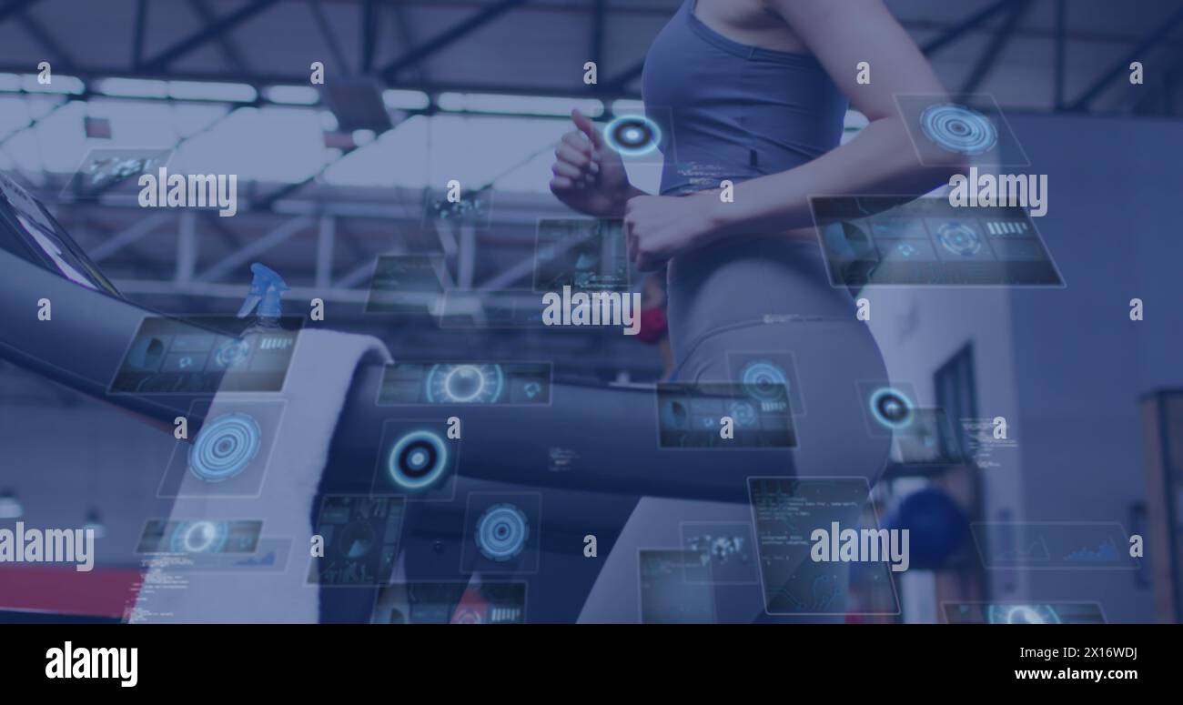 Image of data processing over woman running on treadmill, exercising in ...