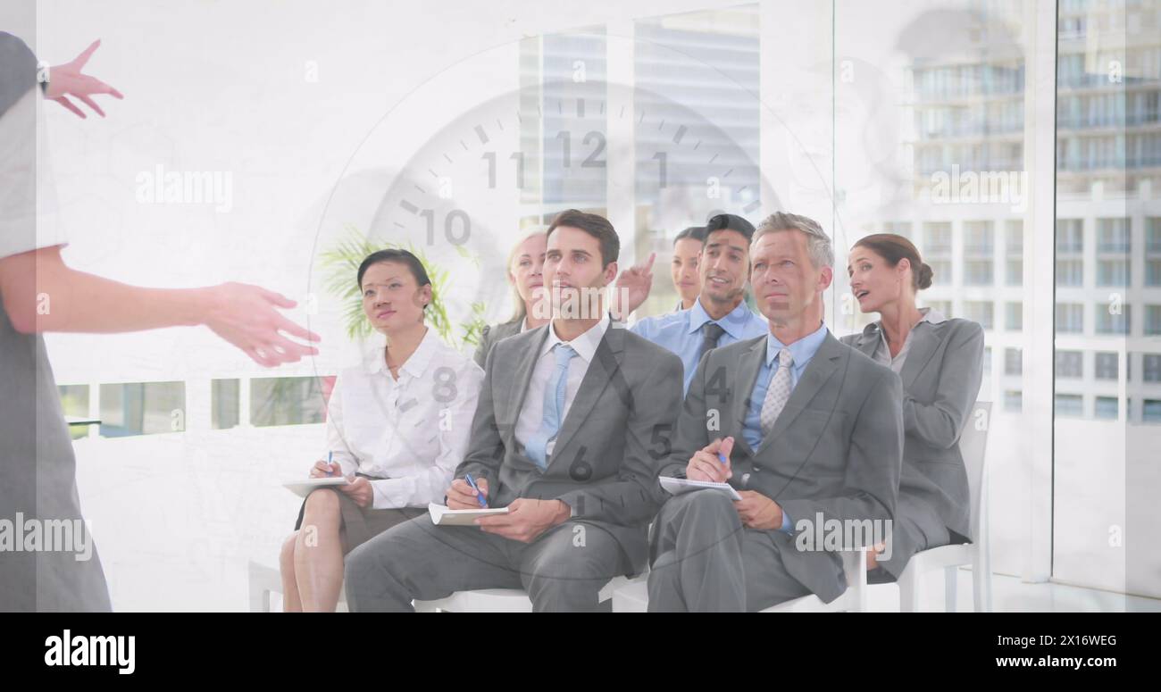 Image of clock and data processing over diverse business people Stock ...