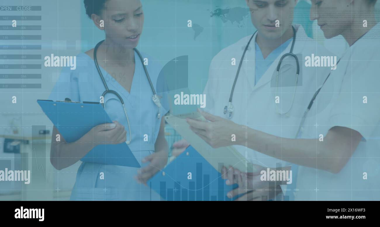 Image of data processing over diverse male and female doctors ...