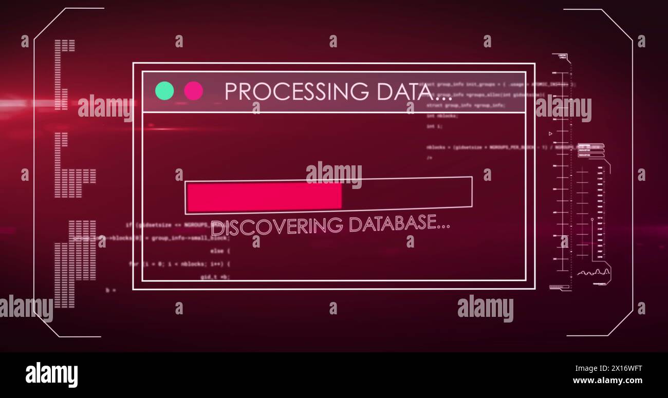 Image of interface with data processing against light spot on red ...