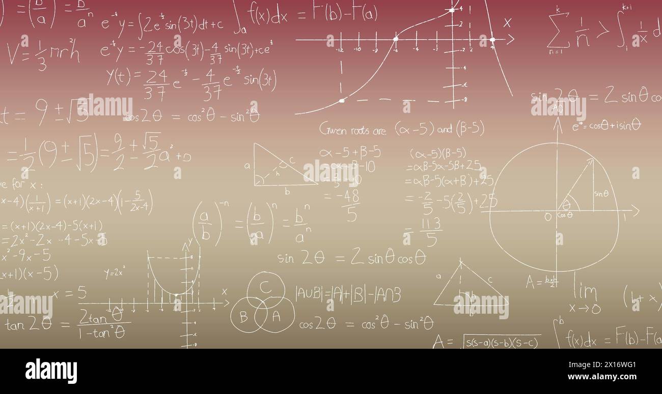 Image of mathematical equations and diagrams floating against pink ...