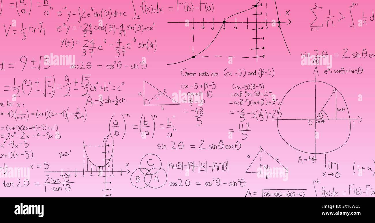 Image of mathematical equations and diagrams floating against pink ...