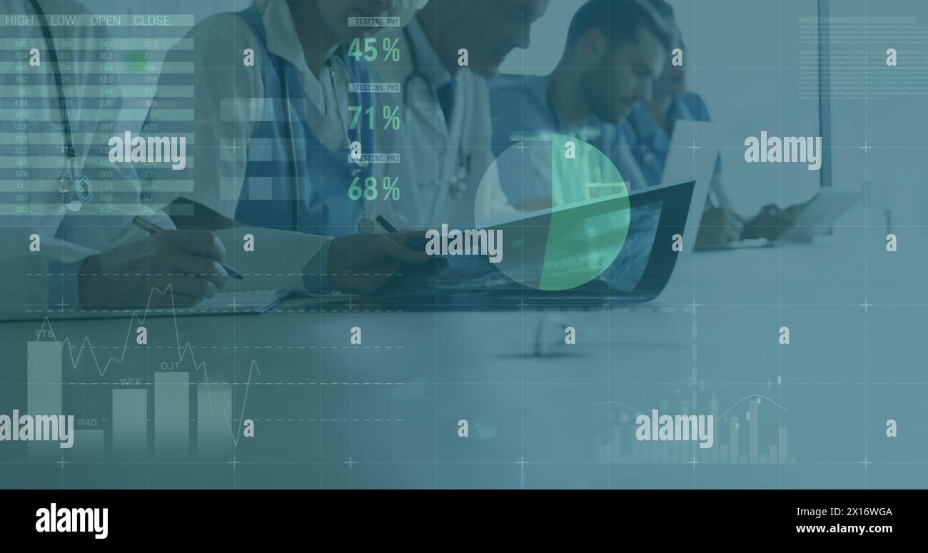 Image of data processing over mid section of team of diverse doctors ...