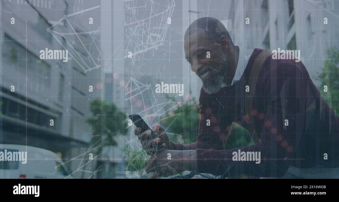 Image of plexus networks over african american man with bicycle using ...