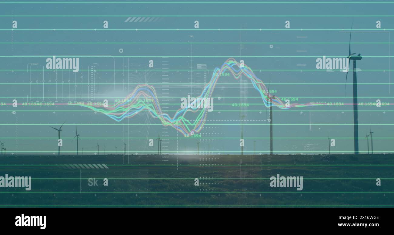 Image of interface with data processing against spinning windmills on ...
