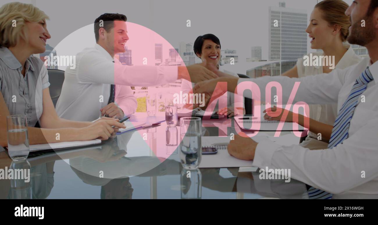 Image of percent, pie chart financial data processing over diverse ...