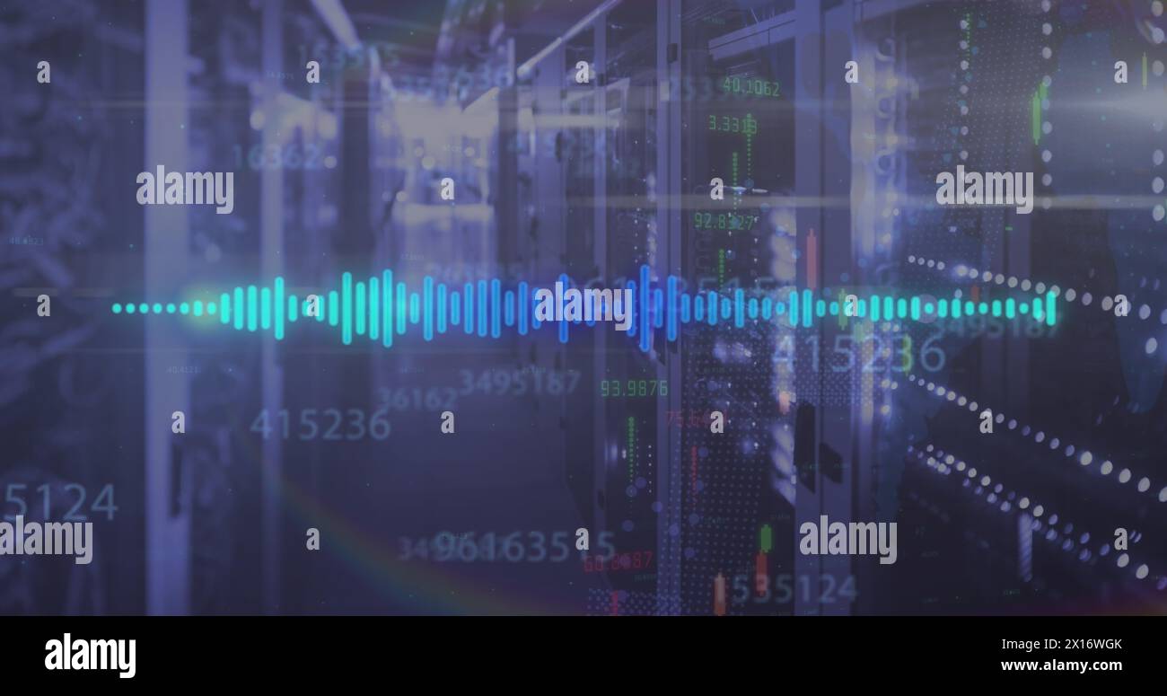 Image of data processing and shapes over server room Stock Photo - Alamy