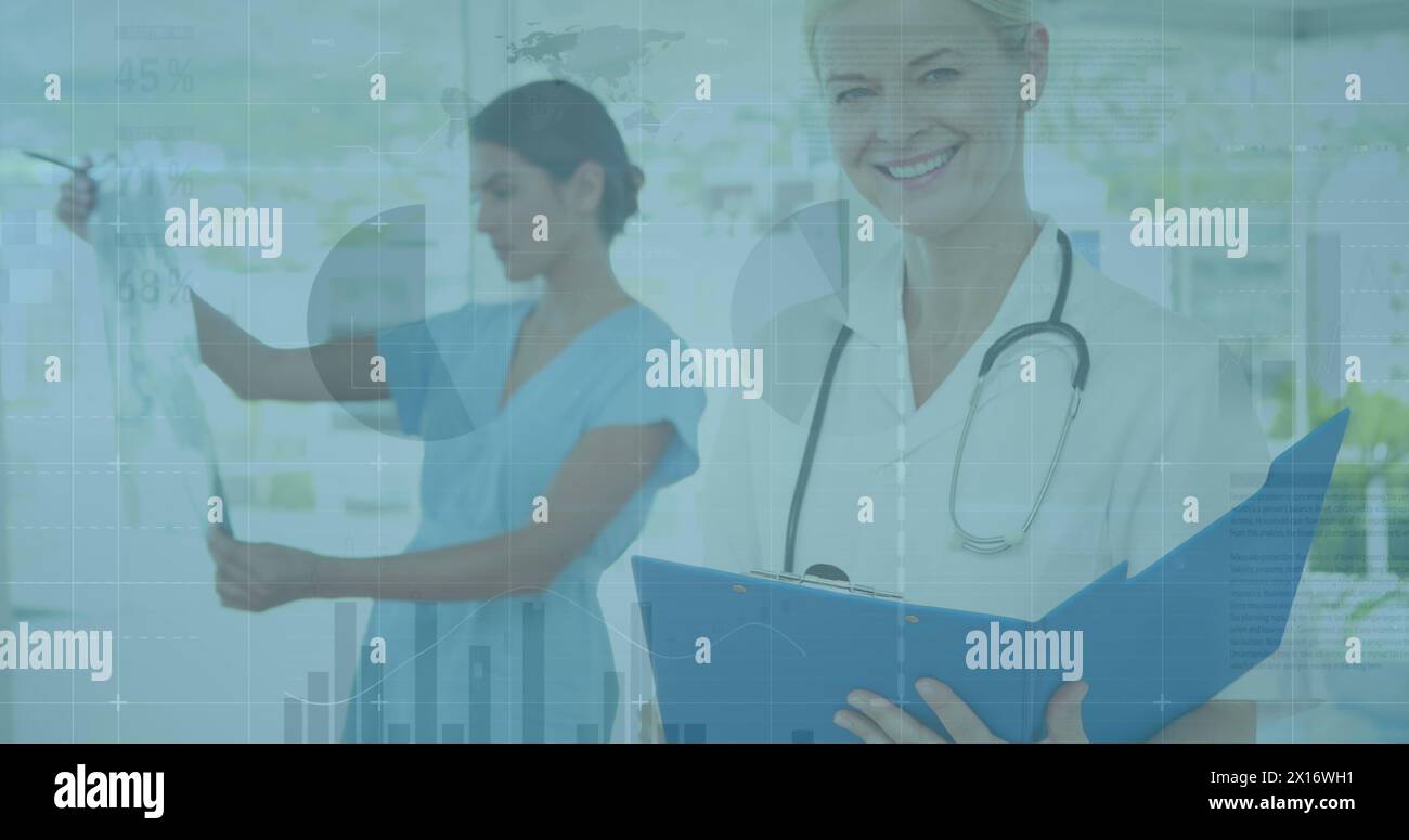 Image of data processing over caucasian senior female doctor holding ...